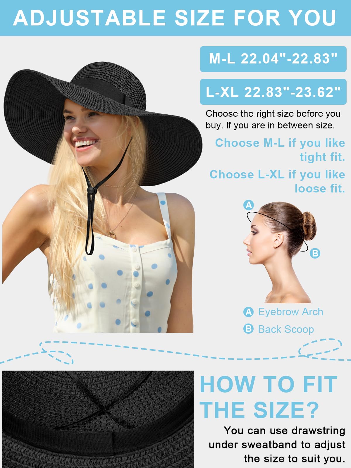 Beach Hats for Women, Wide Brim Sun Straw Hat Foldable Summer Floppy Hat UV Protection Cap Black