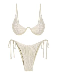 zaful women's textured underwire bikini set v notch high cut swimwear tie side ribbed sexy swimsuits