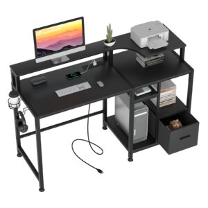 greenforest 55 inch computer desk with drawers and outlets, home office desk with storage and printer shelf, work desk with fabric file drawer, study desk with monitor stand, computer table, black