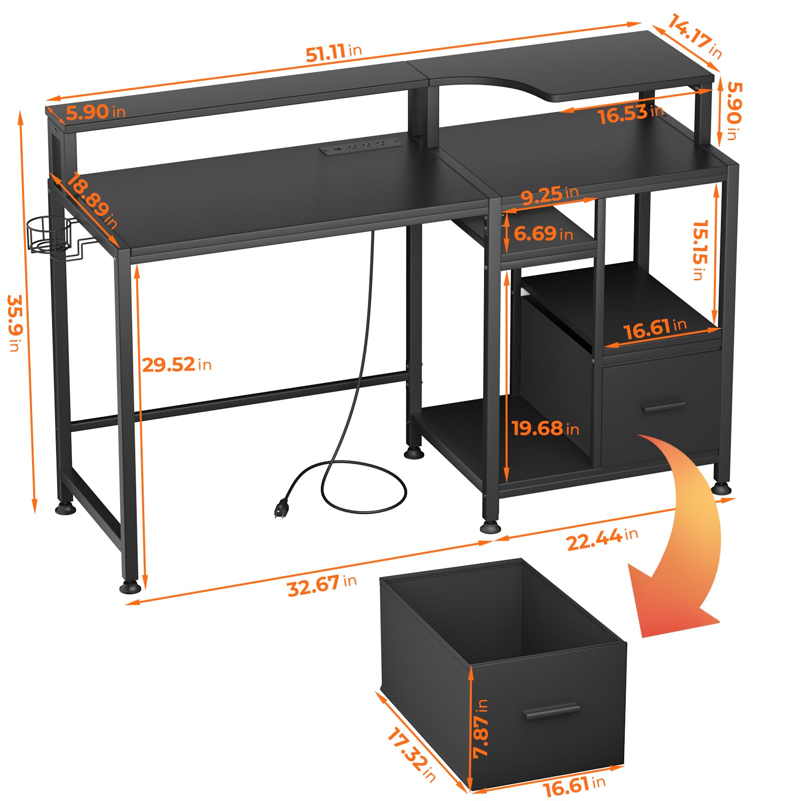 GreenForest 55 inch Computer Desk with Drawers and Outlets, Home Office Desk with Storage and Printer Shelf, Work Desk with Fabric File Drawer, Study Desk with Monitor Stand, Computer Table, Black