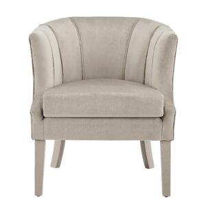 iconic home sloane accent chair velvet vertical channel quilted piped stitching barrel back design upholstered flared legs modern contemporary, taupe