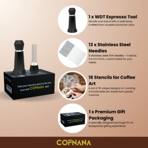 COFNANA WDT Tool Espresso – Professional Espresso Stirrer Tool – Premium Aluminum Espresso Distributor– Espresso Distribution tool replaceable S.S Needles – coffee stir with prime gift box–BLACK