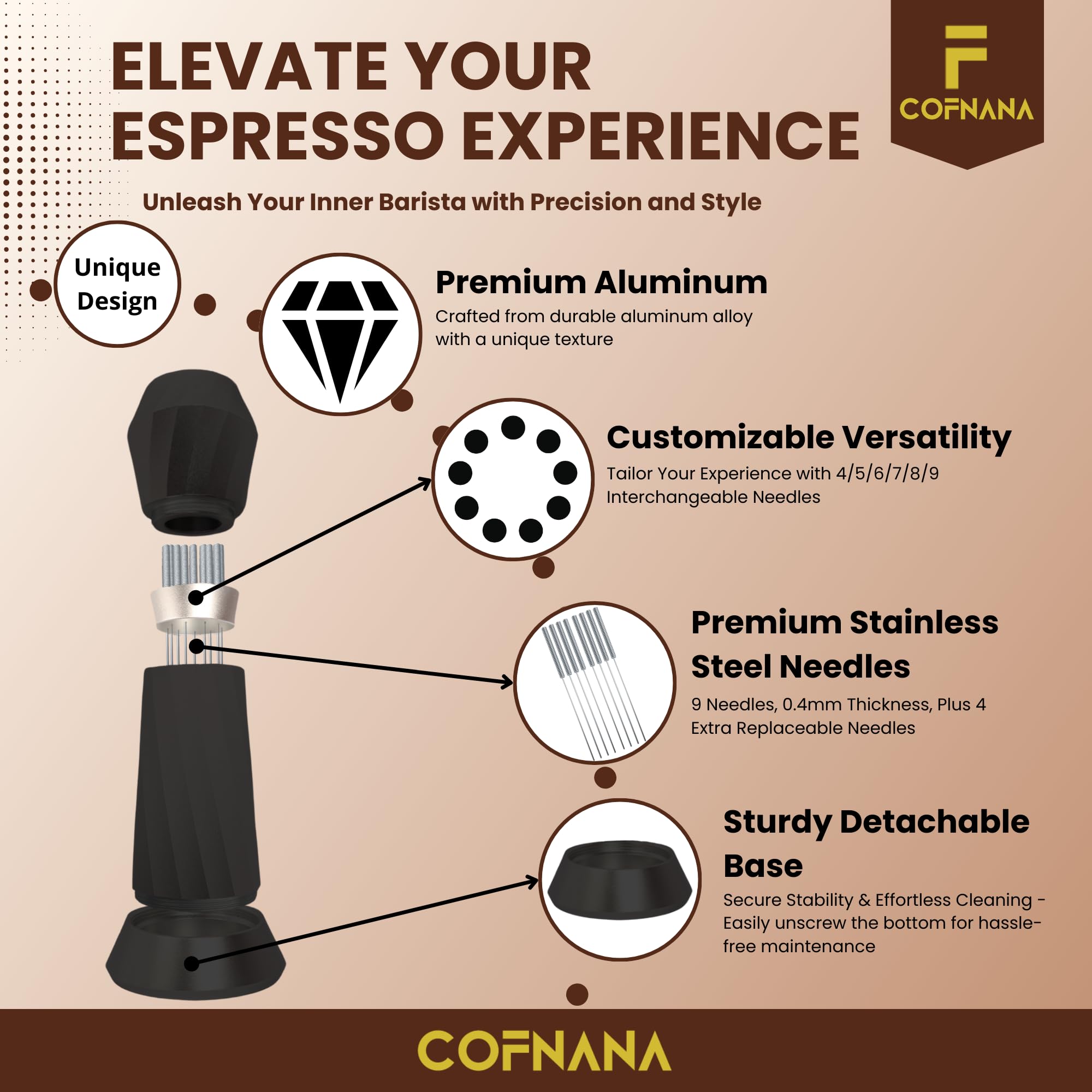 COFNANA WDT Tool Espresso – Professional Espresso Stirrer Tool – Premium Aluminum Espresso Distributor– Espresso Distribution tool replaceable S.S Needles – coffee stir with prime gift box–BLACK