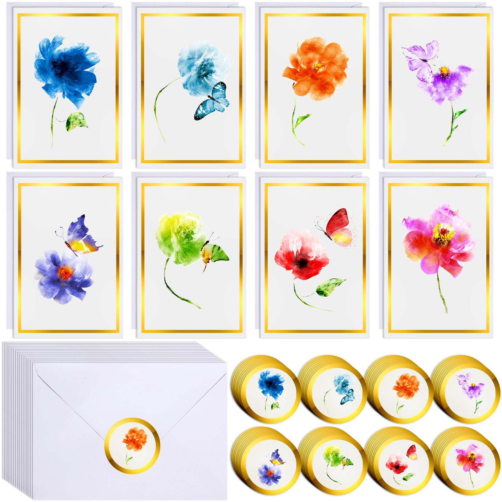 Colarr 80 Sets Watercolor Flowers Greeting Cards Floral Blank Cards Bulk with Envelopes Stickers Stationary Notecards Gold Foil Greeting Cards Gift Set for Birthday Mother's Day 4 x 6 Inches