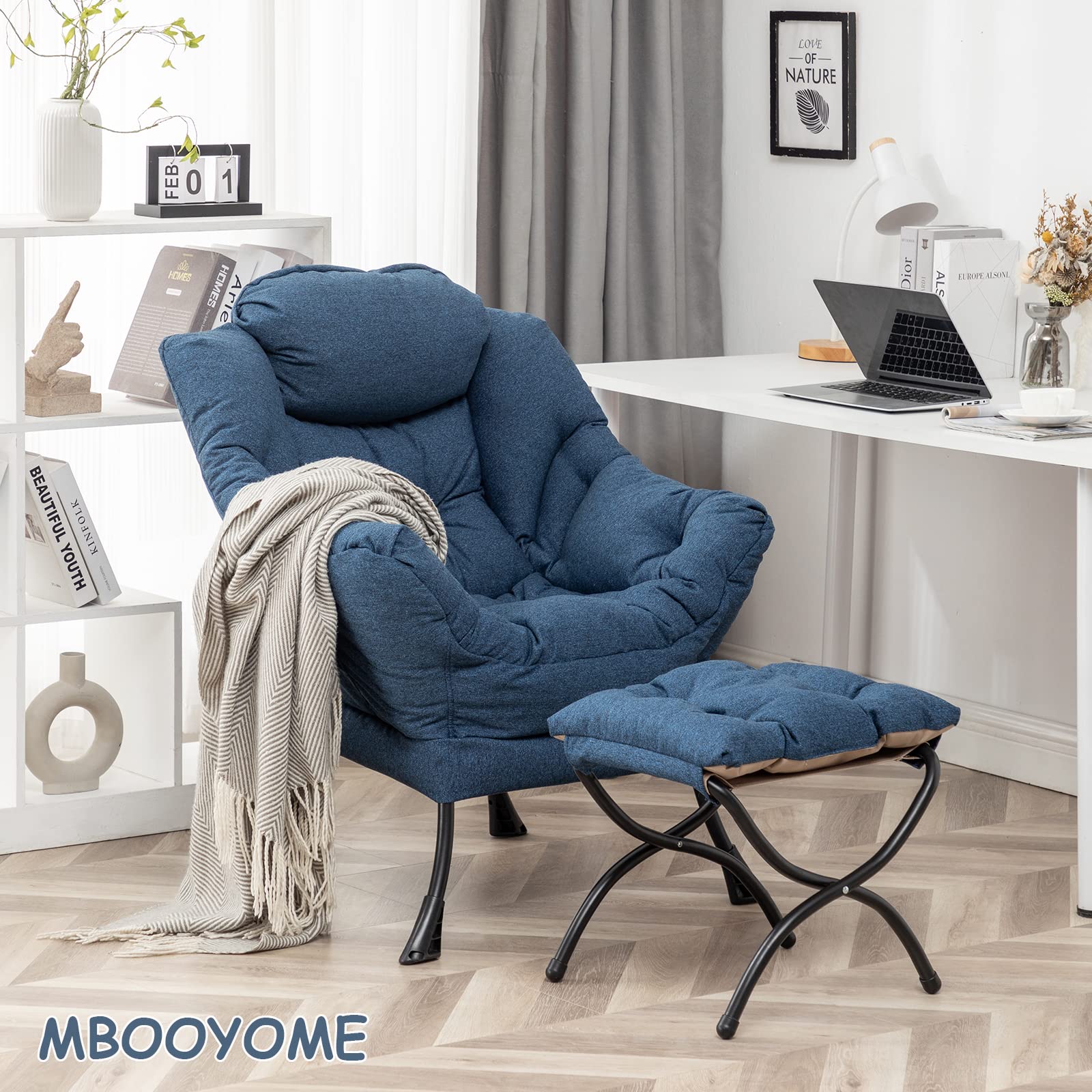 MBOOYOME Lazy Chair with Ottoman, Modern Soft Reading Chair Accent Contemporary Lounge Leisure Sofa Chair with Armrests and a Side Pocket for Living Room, Bedroom, Dorm & Office, Dark Blue