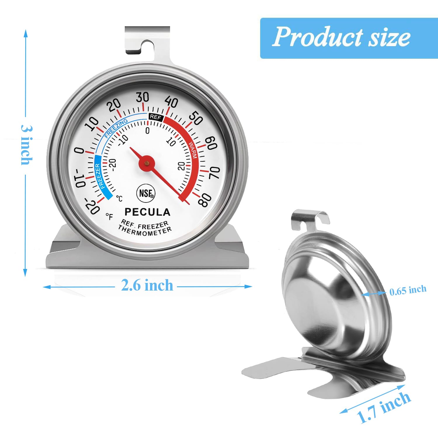 PECULA Refrigerator Thermometer Large Dial, Freezer Thermometer -30-30 Deg ℃/-20-80 Deg ℉, Fridge Thermometer by Stainless Steel, Thermometer for Fridge Suitable for Refrigerators and Freezers