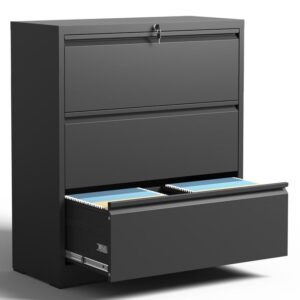 yukimo lateral file cabinet with lock, metal file cabinets for home office legal/letter a4 size, file cabinet with 3 drawer storage cabinet, black