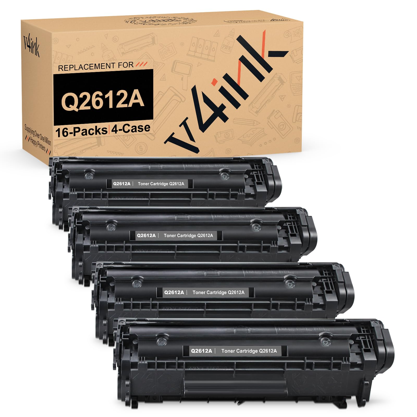 16 Pack of v4ink 4PK Compatible 12A Toner Cartridge Replacement for Q2612A Toner Black Ink for use with HP 1012 1018 1020 1022 1022N 3015 M1005 M1319F Printer (Black,16 Pack)