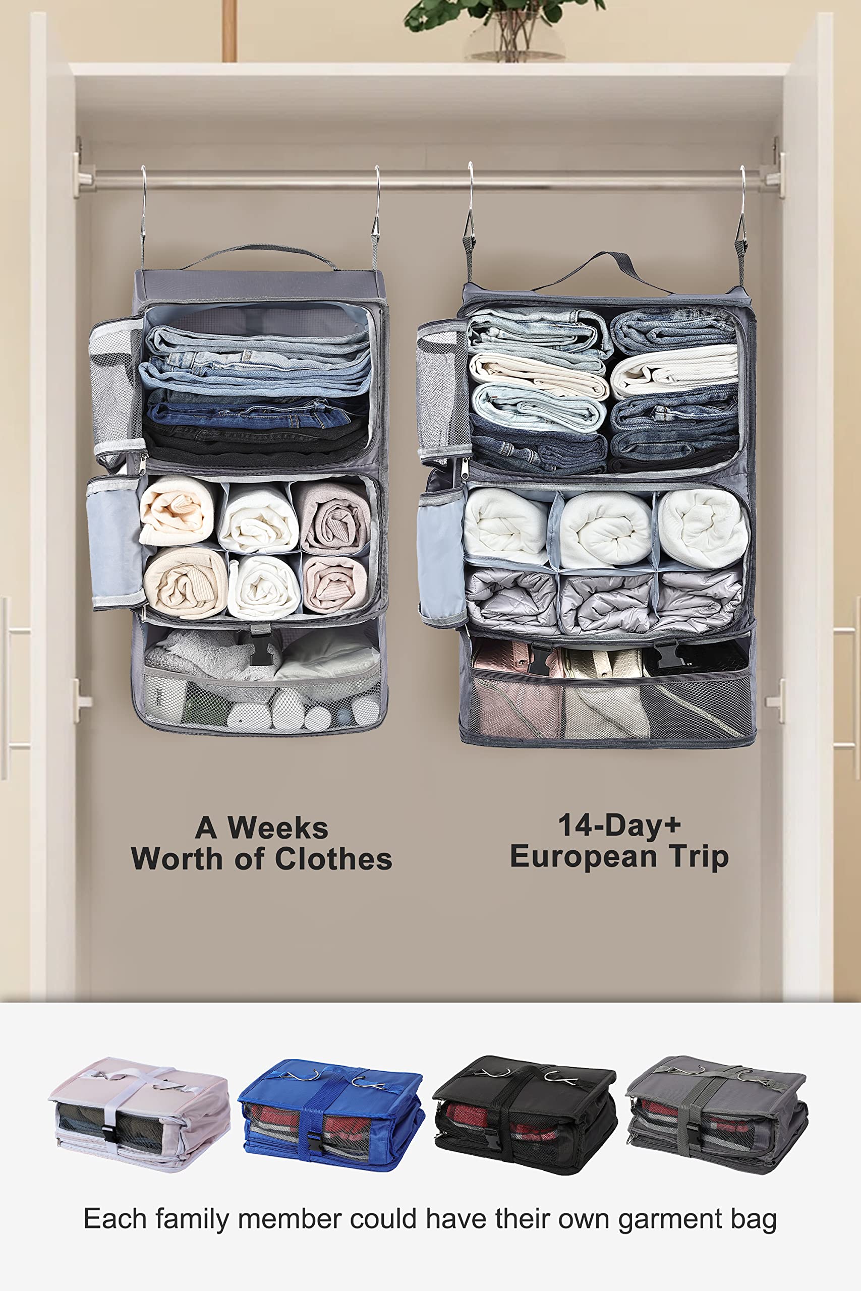 ELEZAY Hanging Packing Cubes Portable Closet 3-Shelf Travel Collapsible Compression Garment Organizer for Carry-on Luggage Suitcase Space Saver Bag XX-Large_No Side Pockets, Gray