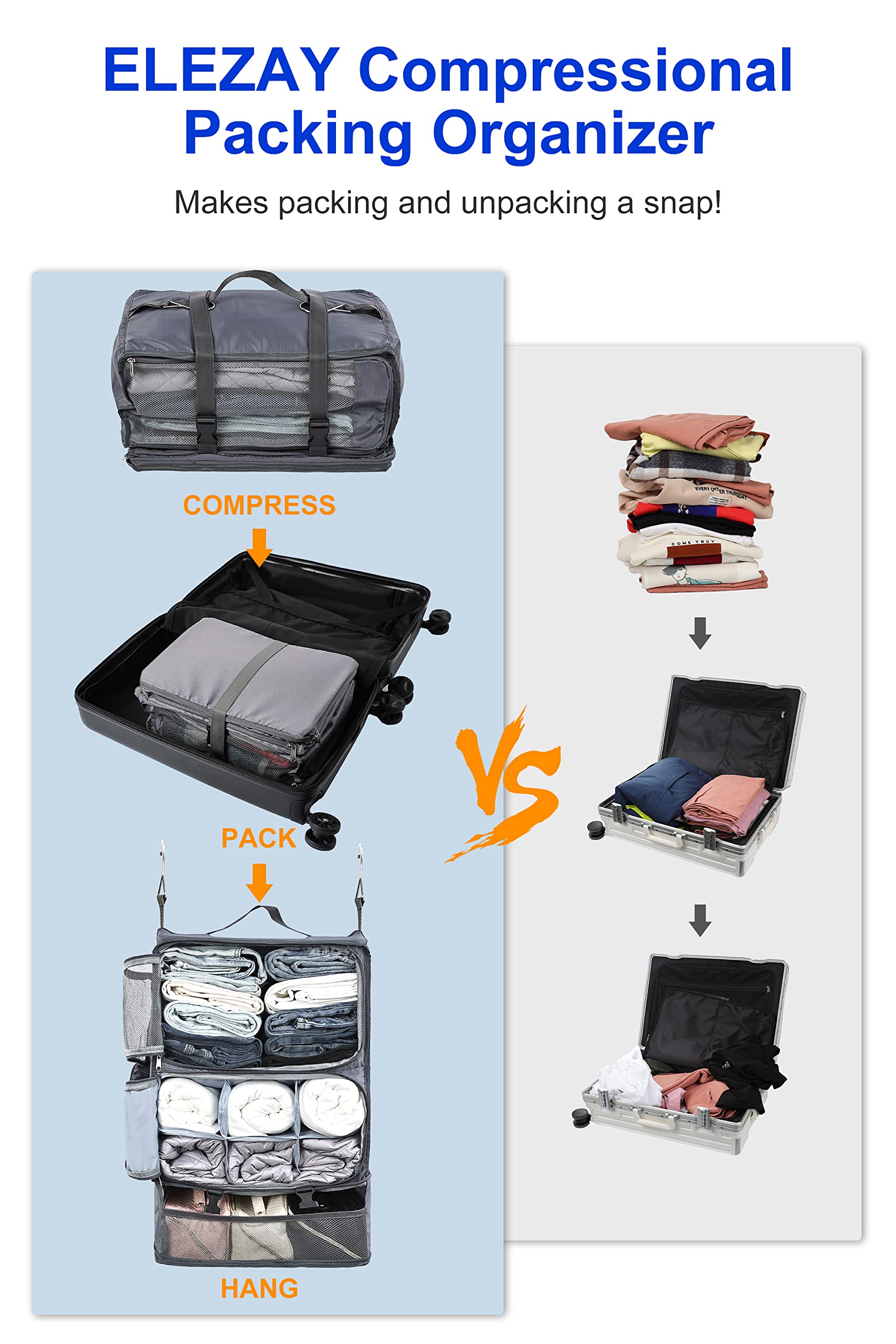 ELEZAY Hanging Packing Cubes Portable Closet 3-Shelf Travel Collapsible Compression Garment Organizer for Carry-on Luggage Suitcase Space Saver Bag XX-Large_No Side Pockets, Gray