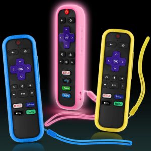 sotatoo (3 pack) case for roku remote, cover for hisense/tcl roku tv steaming stick/express, silicone universal protective controller sleeve skin glow in the dark pink yellow blue with lanyards