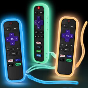 sotatoo (3 pack) case for roku remote, cover for hisense/tcl roku tv steaming stick/express, silicone universal protective controller sleeve skin glow in the dark blue orange green with lanyards