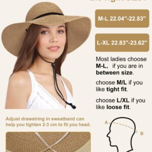 Womens Sun Hat Wide Brim Foldable Beach Hats for Women UV Protection Summer Straw Hat with Wind Lanyard Khaki