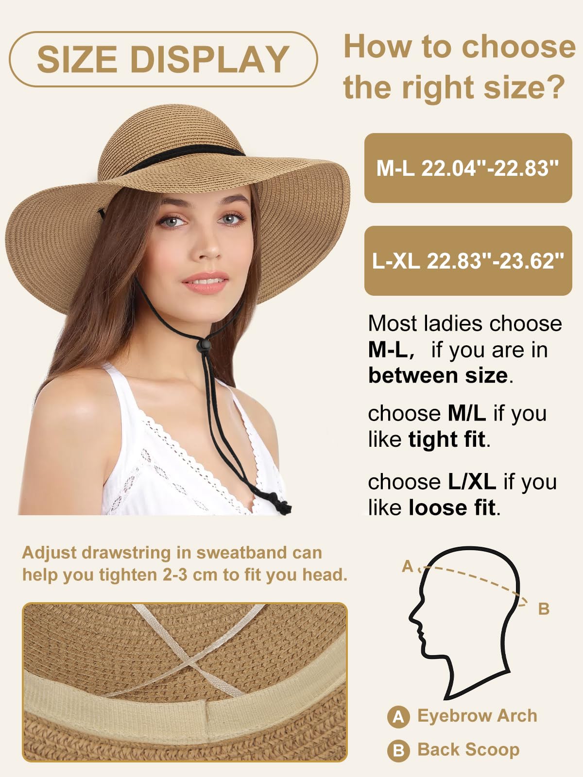 Womens Sun Hat Wide Brim Foldable Beach Hats for Women UV Protection Summer Straw Hat with Wind Lanyard Khaki