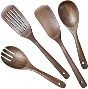 wooden spoons spatula for cooking，walnut wooden kitchen cooking utensil set 4 pcs cookware household shovel spoon fork cooking set handmade kitchen tableware