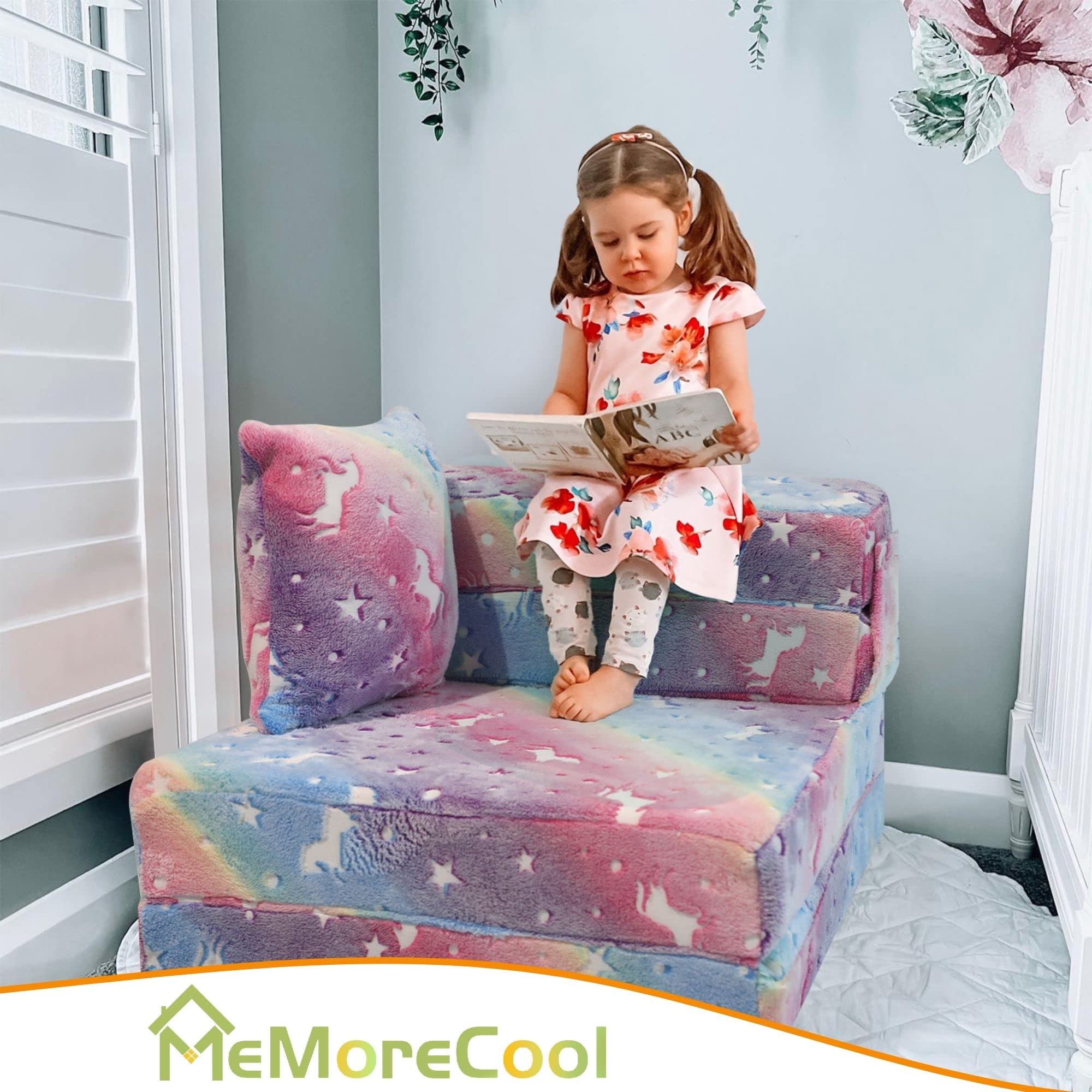 MeMoreCool Folding Sofa Bed Floor Mattress for Kids, Glow Tri Folding Mattress Kid Fold Up Sofa Futon Folding Chair Bed, Child Foldable Mattress Floor Bed Folding Couch Trifold Mattress for Playroom