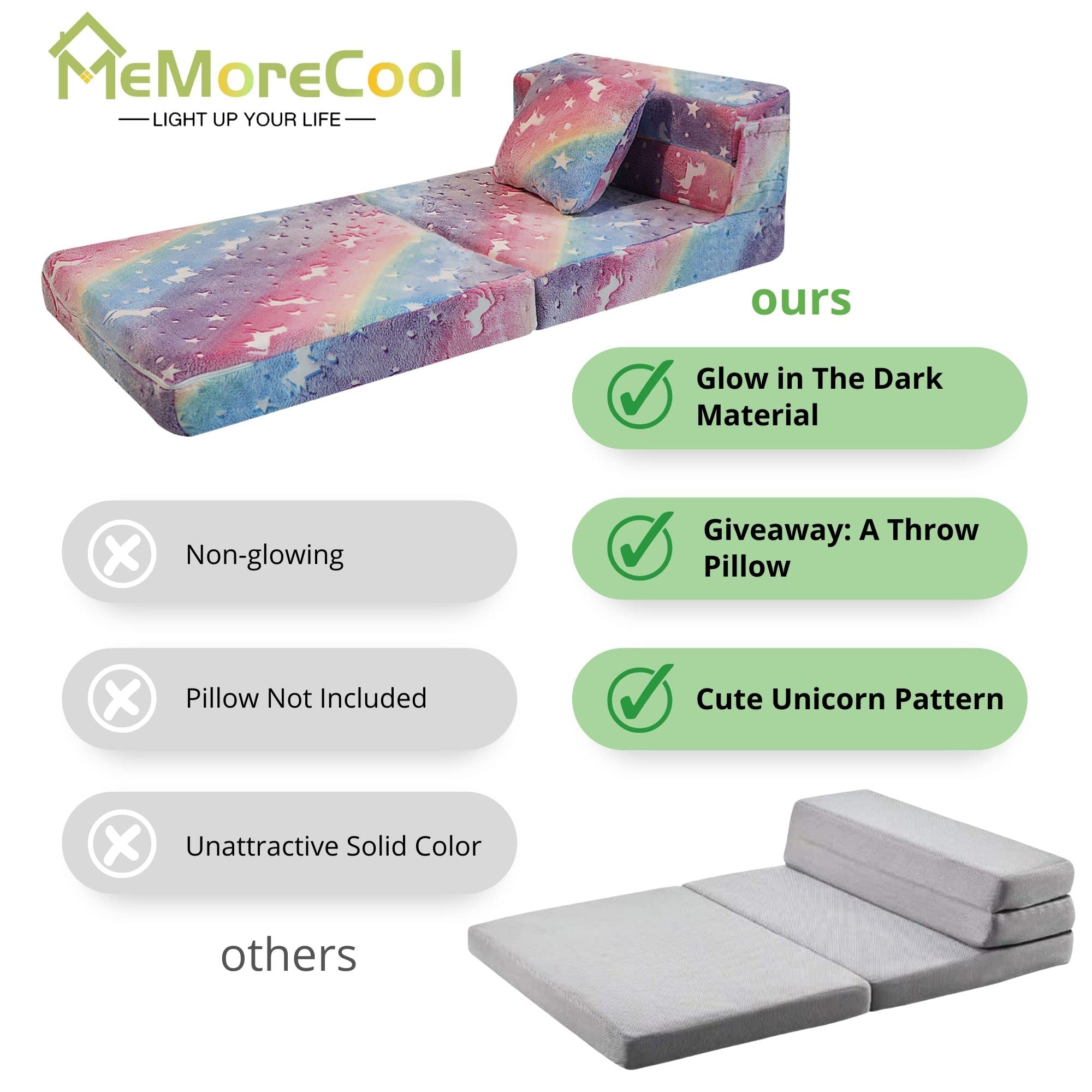 MeMoreCool Folding Sofa Bed Floor Mattress for Kids, Glow Tri Folding Mattress Kid Fold Up Sofa Futon Folding Chair Bed, Child Foldable Mattress Floor Bed Folding Couch Trifold Mattress for Playroom