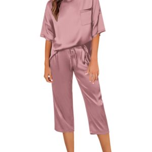 SWOMOG Womens 2 Piece Satin Pajamas Silk Short Sleeve Pjs Sets Capri Bottom Pajama Pants Loose Outfit with Pockets Misty Rose Medium