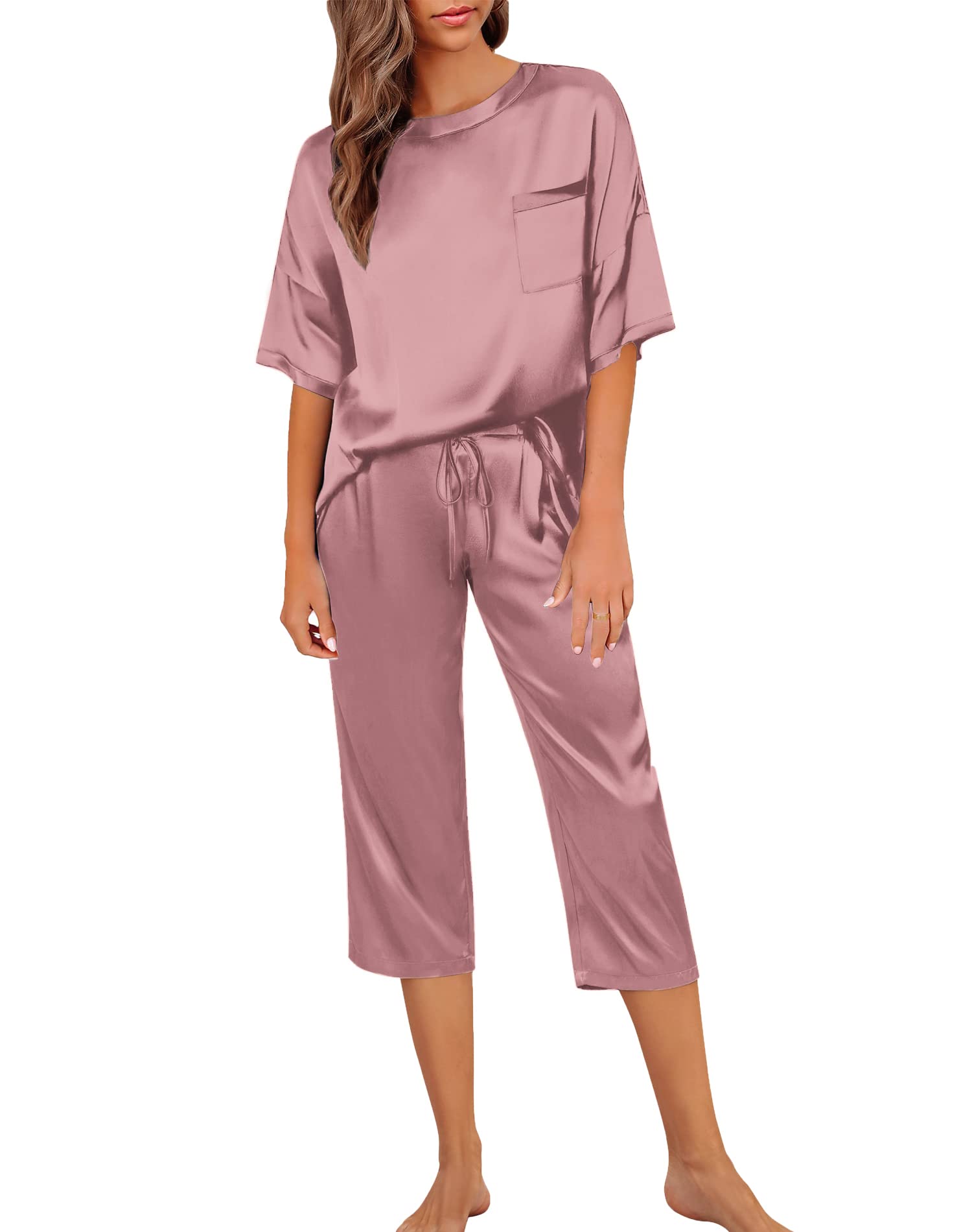 SWOMOG Womens 2 Piece Satin Pajamas Silk Short Sleeve Pjs Sets Capri Bottom Pajama Pants Loose Outfit with Pockets Misty Rose Medium