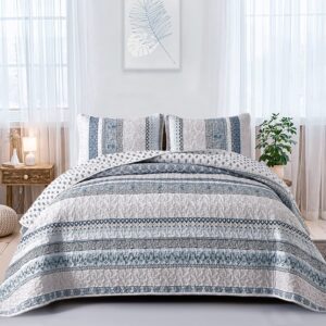 wongs bedding boho quilt set king size, light blue bohemian 3 pieces quilt sets, lightweight summer bedspread coverlet bedding set for all season (104"x90")