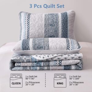 WONGS BEDDING Boho Quilt Set King Size, Light Blue Bohemian 3 Pieces Quilt Sets, Lightweight Summer Bedspread Coverlet Bedding Set for All Season (104"x90")