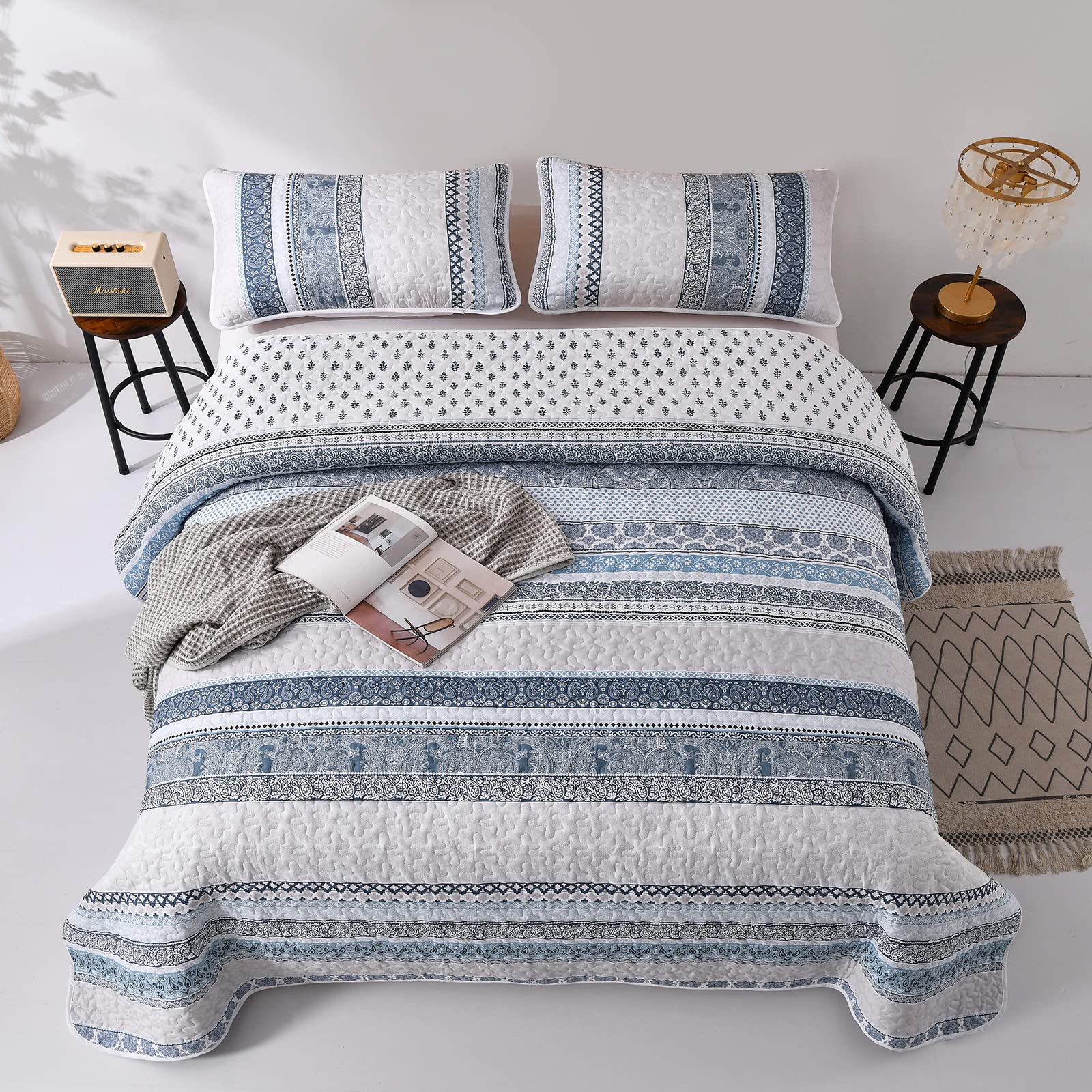 WONGS BEDDING Boho Quilt Set King Size, Light Blue Bohemian 3 Pieces Quilt Sets, Lightweight Summer Bedspread Coverlet Bedding Set for All Season (104"x90")