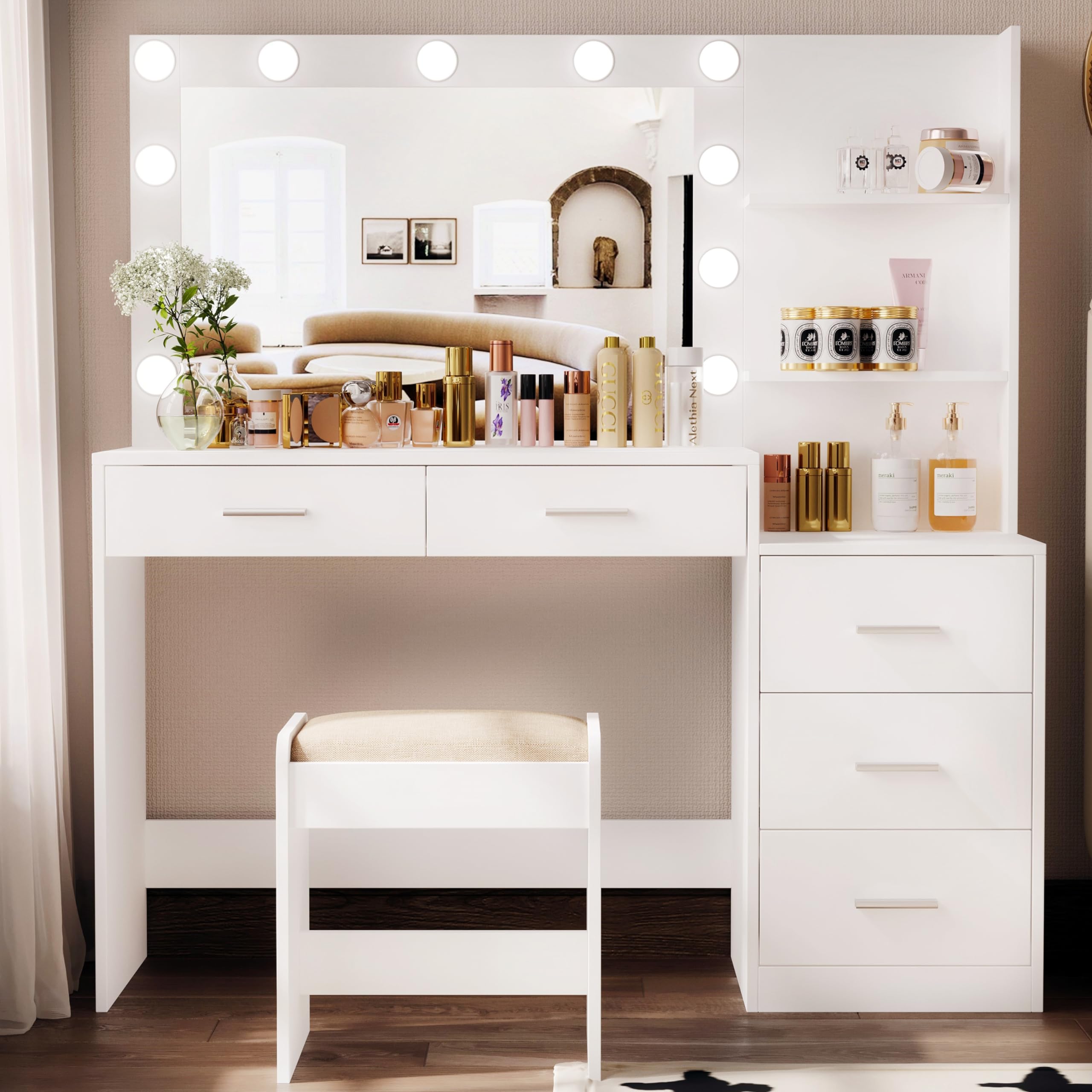 Rovaurx 46.7" W Makeup Vanity Set with Lights and Mirror, Vanity Desk with 5 Drawers, 3 Lighting Colors, Dressing Table for Bedroom, Studio, White RSZT106WD