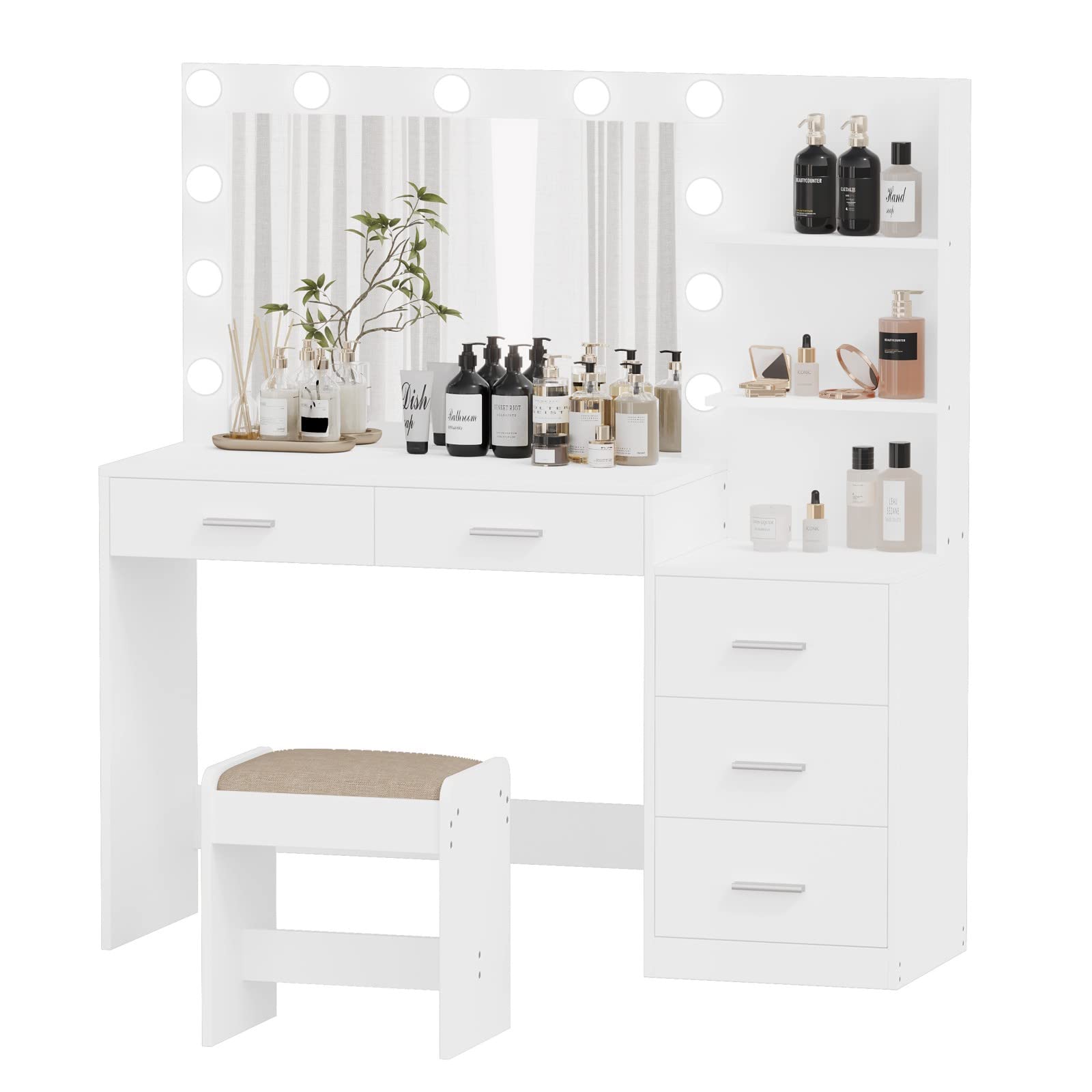 Rovaurx 46.7" W Makeup Vanity Set with Lights and Mirror, Vanity Desk with 5 Drawers, 3 Lighting Colors, Dressing Table for Bedroom, Studio, White RSZT106WD