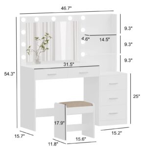 Rovaurx 46.7" W Makeup Vanity Set with Lights and Mirror, Vanity Desk with 5 Drawers, 3 Lighting Colors, Dressing Table for Bedroom, Studio, White RSZT106WD