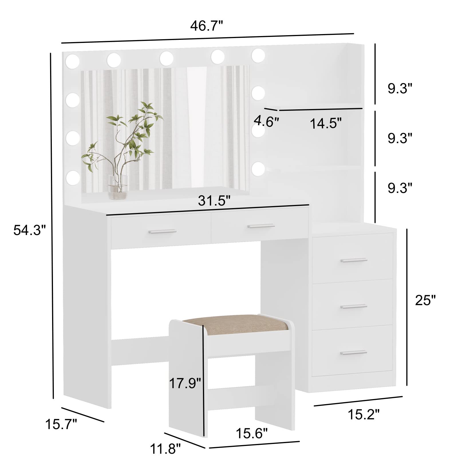 Rovaurx 46.7" W Makeup Vanity Set with Lights and Mirror, Vanity Desk with 5 Drawers, 3 Lighting Colors, Dressing Table for Bedroom, Studio, White RSZT106WD