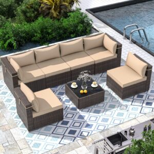 vonzoy outdoor patio furniture set 7 pieces sectional rattan sofa set, pe rattan wicker patio conversation set with 6 seat cushions and 1 tempered glass table and furniture cover, brown