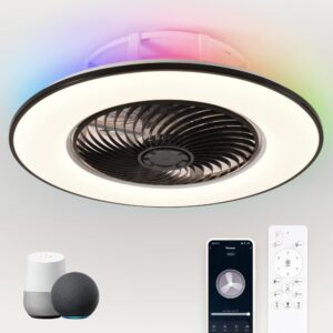 yanaso hue ceiling fan - bladeless ceiling fan with lights with alexa/google assistant/app control color changing led-rgb back ambient light for living room bedroom kitchen,low profile(black)