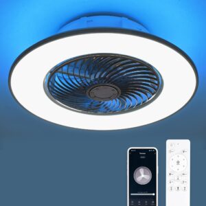 YANASO Hue Ceiling Fan - Bladeless Ceiling Fan with Lights with Alexa/Google Assistant/App Control Color Changing LED-RGB Back Ambient Light for Living Room Bedroom Kitchen,Low Profile(Black)