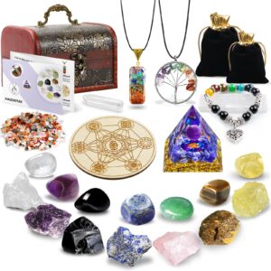 crystals and healing stones 26pcs healing crystal set for meditation include 7 raw crystals, 7 tumbled stones, pyramid&pendulum board, chakra tree of life, necklace&bracelet, wooden gift box.