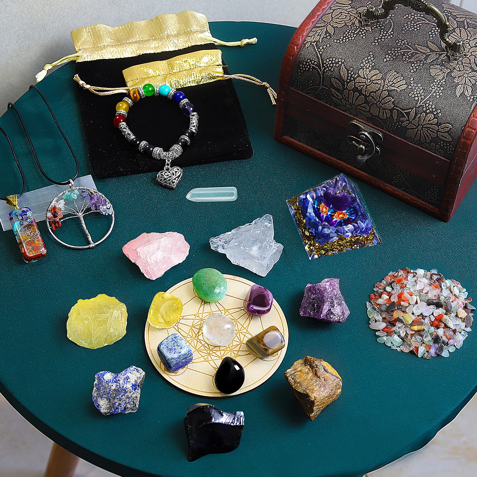 Crystals and Healing Stones 26Pcs Healing Crystal Set for Meditation Include 7 Raw Crystals, 7 Tumbled Stones, Pyramid&Pendulum Board, Chakra Tree of Life, Necklace&Bracelet, Wooden Gift Box.