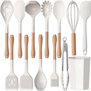 kitchen utensils set- 13 pcs cooking utensils with tongs, spoon spatula &turner made of heat resistant food grade silicone and wooden handles kitchen gadgets tools set for nonstick cookware (white)