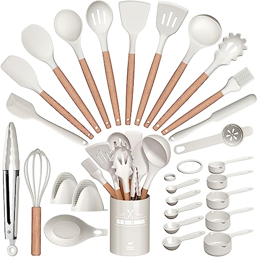 28 Pcs Silicone Cooking Utensils Kitchen Utensil Set - 446°F Heat Resistant, Turner Tongs, Spatula, Spoon, Brush, Whisk, Wooden Handle, Kitchen Gadgets with Holder for Nonstick Cookware (White)