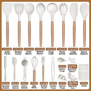 28 Pcs Silicone Cooking Utensils Kitchen Utensil Set - 446°F Heat Resistant, Turner Tongs, Spatula, Spoon, Brush, Whisk, Wooden Handle, Kitchen Gadgets with Holder for Nonstick Cookware (White)