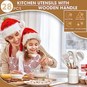 28 Pcs Silicone Cooking Utensils Kitchen Utensil Set - 446°F Heat Resistant, Turner Tongs, Spatula, Spoon, Brush, Whisk, Wooden Handle, Kitchen Gadgets with Holder for Nonstick Cookware (White)