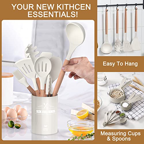 28 Pcs Silicone Cooking Utensils Kitchen Utensil Set - 446°F Heat Resistant, Turner Tongs, Spatula, Spoon, Brush, Whisk, Wooden Handle, Kitchen Gadgets with Holder for Nonstick Cookware (White)