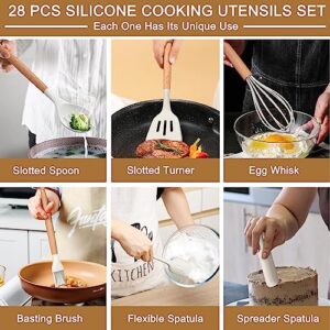 28 Pcs Silicone Cooking Utensils Kitchen Utensil Set - 446°F Heat Resistant, Turner Tongs, Spatula, Spoon, Brush, Whisk, Wooden Handle, Kitchen Gadgets with Holder for Nonstick Cookware (White)