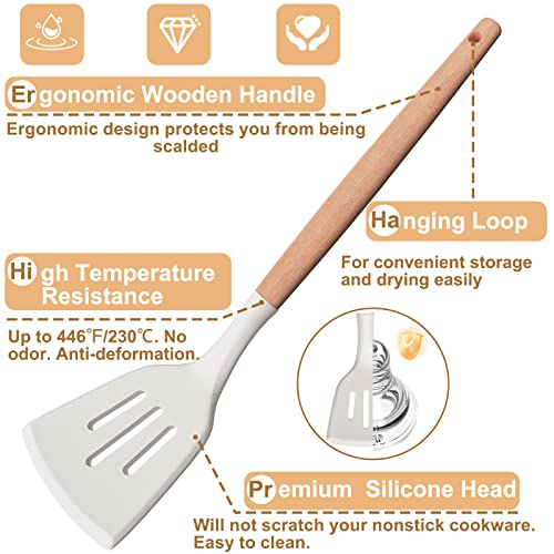 28 Pcs Silicone Cooking Utensils Kitchen Utensil Set - 446°F Heat Resistant, Turner Tongs, Spatula, Spoon, Brush, Whisk, Wooden Handle, Kitchen Gadgets with Holder for Nonstick Cookware (White)