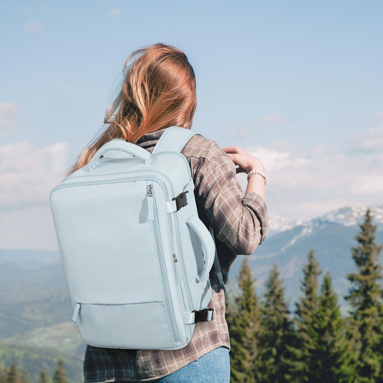 Snoffic Reliable Travel Backpack Men Women, Carry On Backpack Personal Item, Waterproof College Backpack, Business Work Hiking Casual Daypack Bag, Fits 17.3" Laptop, Light Blue