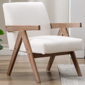 Kmax Beige Accent Chair Linen Fabric Mid Century Modern Living Room Chair Wood Frame for Guest Room Bedroom Reading Leisure Comfy