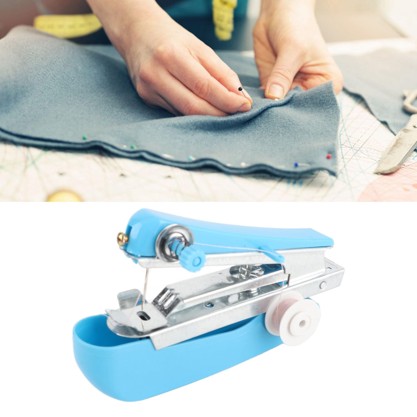 Handheld Sewing Machine Stainless Steel Portable Sewing Machine for Quick Stitching Practical Blue Mini Sewing Machine for Household Travelling