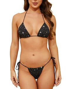 oneheekini sexy bling bikini for women sequin sparkly swimsuits shiny string crystal rhinestones thong bikini (black)