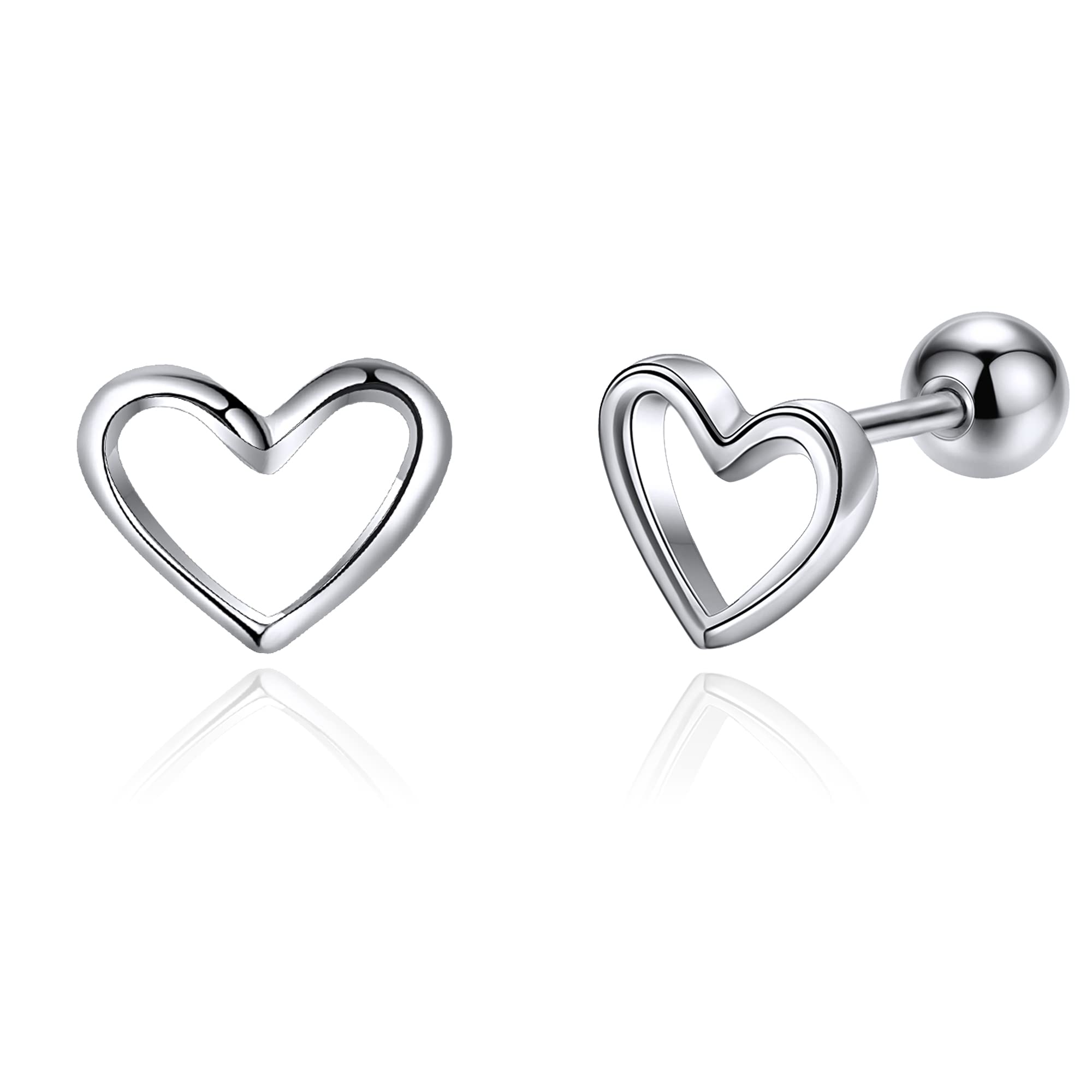 JSGEMSLEE Hypoallergenic 925 Sterling Silver Heart Earrings With Screw Back Tiny Love Heart Stud Earrings for Women Tragus Cartilage Jewelry