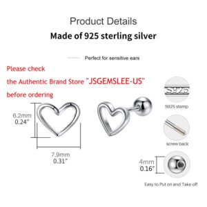 JSGEMSLEE Hypoallergenic 925 Sterling Silver Heart Earrings With Screw Back Tiny Love Heart Stud Earrings for Women Tragus Cartilage Jewelry