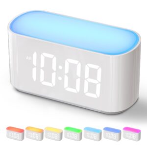 onlake alarm clock for bedrooms, large display digital clocks with 2 alarms, 7 color larger night light, battery backup, dimmer, adjustable volume, easy snooze (white)