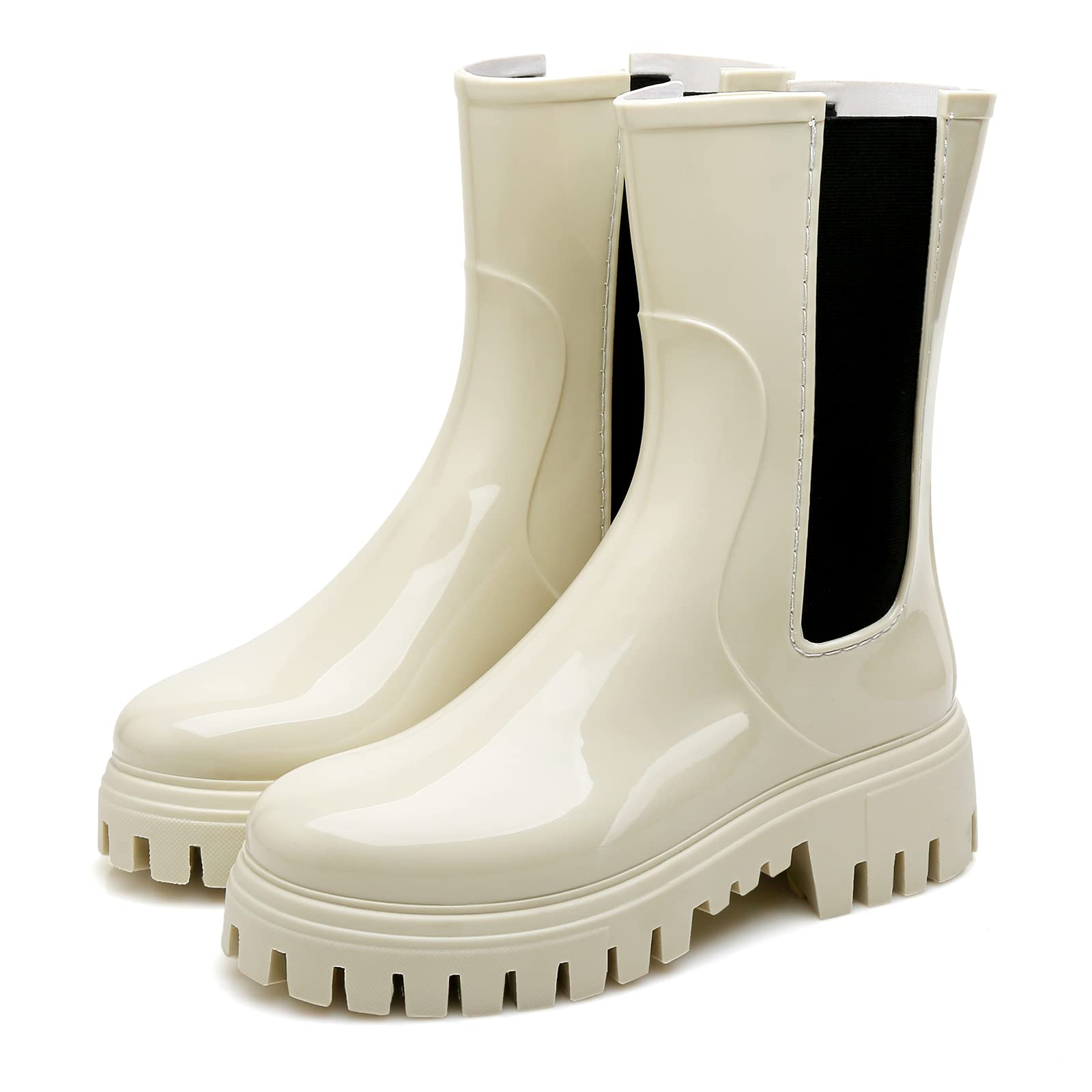 Hsttgsr Rain Boots for Women, Waterproof PVC Rubber Garden Boots Womens Chelsea Boots Short Platfrom Rain Boots, Anti-Slip Elastic Slip On Rainboots Garden Rain Shoes for Yard Farm Outdoor Work